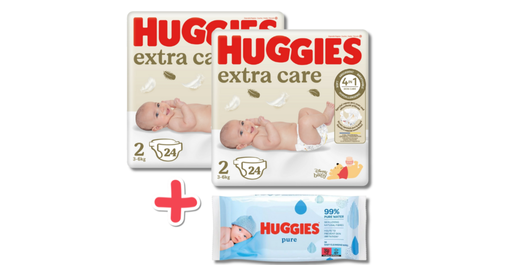 Huggies® Extra Care 2-es méretű Újszülött csomag + Pure törlőkendő